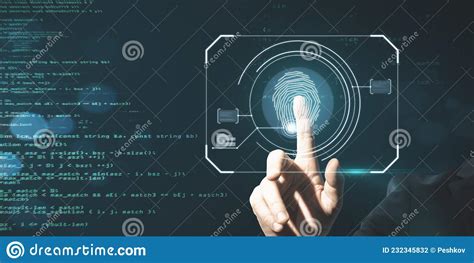 Business Man Hand Pointing At Glowing Finger Print Interface On Dark Background With Coding
