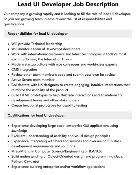 Lead Ui Developer Job Description Velvet Jobs