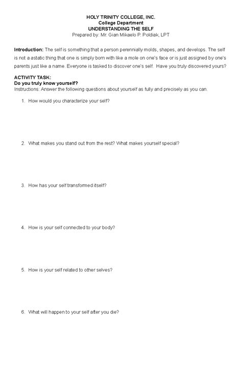 Understanding The Self Task 1 Holy Trinity College Inc College Department Understanding The