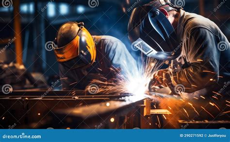 Skilled Welders At Work Joining Metal In An Industrial Plant Generative Ai Stock Illustration