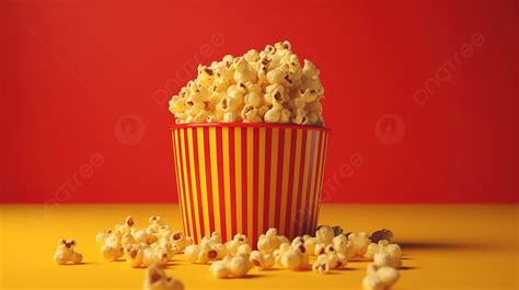 노란색 팝콘 통에 앉아 있는 팝콘 노란색 배경 영화 개념에 팝콘이 있는 빨간색 줄무늬 양동이의 3d 렌더링 그림 고화질 사진 사진 영화 배경 일러스트 및 사진 무료