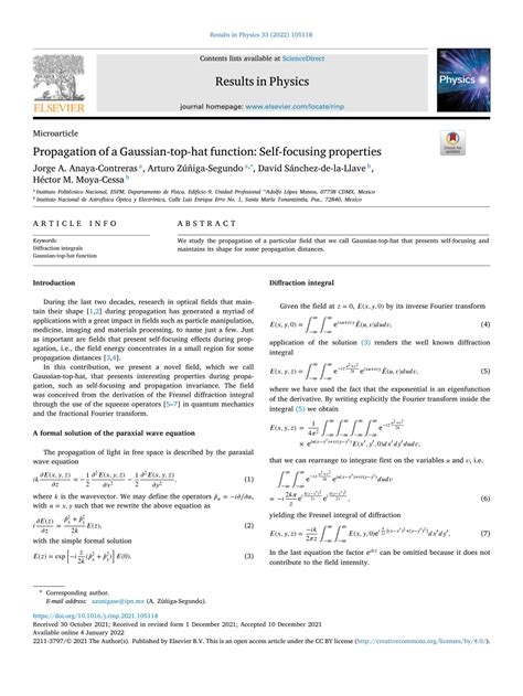 Pdf Propagation Of A Gaussian Top Hat Function Self Focusing Properties
