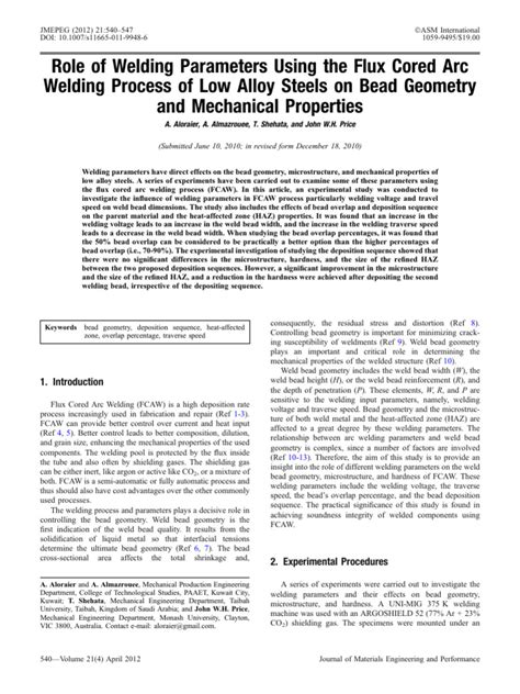 Role Of Welding Parameters Using The Flux Cored Arc Welding Process Of Low Alloy Steels On Bead