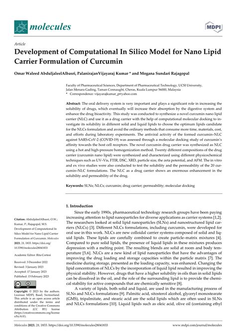 Pdf Development Of Computational In Silico Model For Nano Lipid
