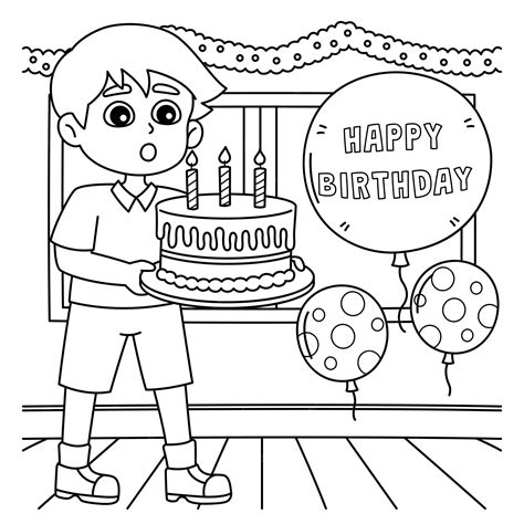 생일 축하 케이크를 부는 소년의 귀엽고 재미있는 색칠 공부 페이지입니다 아이들에게 즐거운 색칠 시간을 제공합니다 컬러 이 페이지는 매우 쉽습니다 작은 어린이와