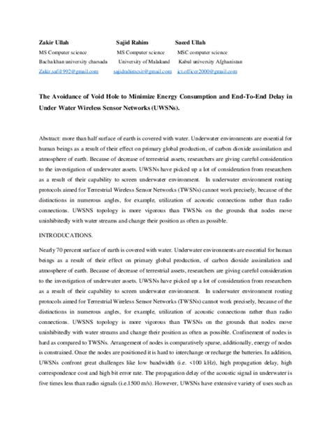 Pdf The Avoidance Of Void Hole To Minimize Energy Consumption And End To End Delay In Under