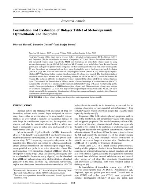 Pdf Formulation And Evaluation Of Bi Layer Tablet Of Metoclopramide Hydrochloride And Ibuprofen