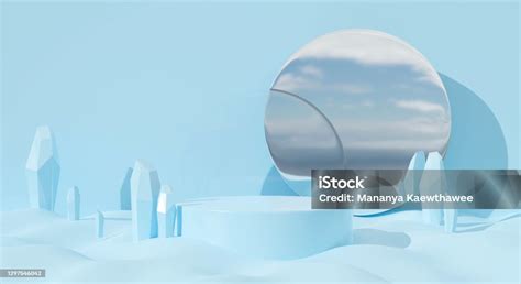 거울과 파스텔 배경 추상에 3d 파란색 연단 창조적 인 아이디어는 자연의 최소한의 장면 겨울 휴가 인사말 카드 배너 받침대