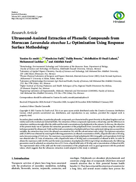 Pdf Ultrasound Assisted Extraction Of Phenolic Compounds From Moroccan Lavandula Stoechas L