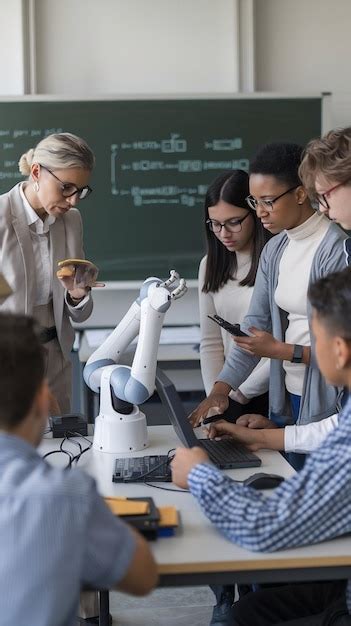 University Robotics Lecture Teacher Explaining Engineering To Students By Using Robot Arm