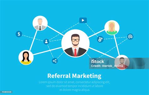 추천 마케팅 네트워크 마케팅 사업 제휴 추천 프로그램 전략 플랫 만화 디자인 배경에서 벡터 일러스트 레이 션입니다 마케팅에 대한 스톡 벡터 아트 및 기타 이미지 Istock