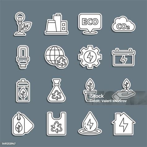 세트 라인 집과 번개 식물 손 자동차 배터리 에코 건강 식품 라벨 지구 재활용 Led 전구 잎과 기어 아이콘이있는 조명 벡터 Led 조명에 대한 스톡 벡터 아트 및 기타