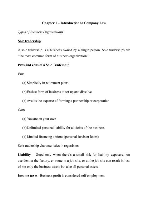 Company Law Chapter 1 Lecture Notes Chapter 1 Introduction To