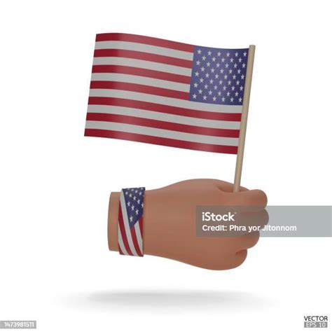 3d 손은 흰색 배경에 격리된 미국 국기 아이콘을 들고 있다 미국 국기를 들고 팔찌를 가진 손 7월 4일 독립기념일 3d 벡터 그림입니다 3차원 형태에 대한 스톡 벡터 아트
