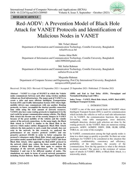 Pdf Red Aodv A Prevention Model Of Black Hole Attack For Vanet