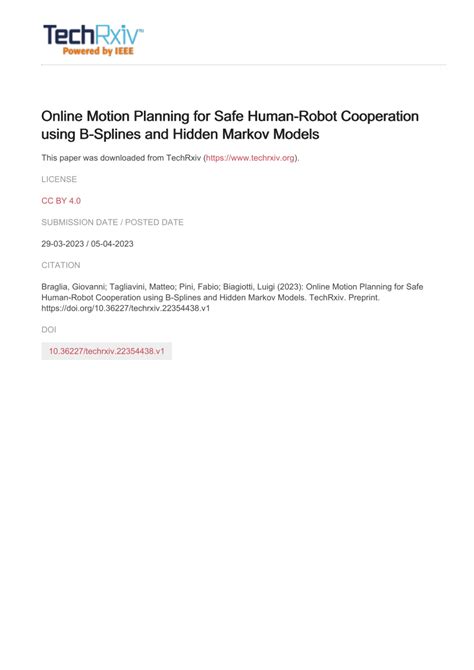 Pdf Online Motion Planning For Safe Human Robot Cooperation Using B Splines And Hidden Markov
