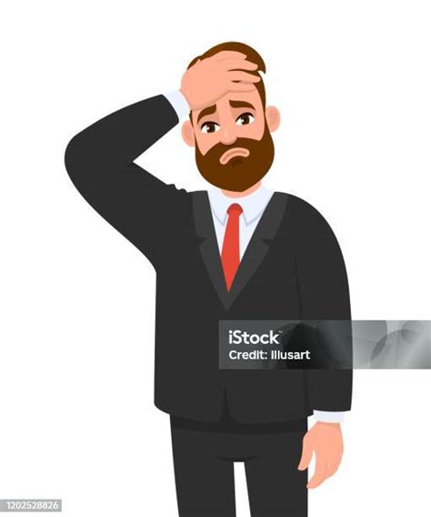 좌절한 남자가 머리에 손을 들고 있었다 불행한 사람이 이마를 압박 두통 이나 편두통 남성 캐릭터 디자인 일러스트 벡터 만화