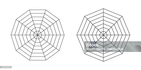 십각형 팔각형 그래프 레이더 스파이더 템플릿 세트입니다 스파이더 메쉬 통계 분석을 위한 플랫 웹 다이어그램 빈 방사형 차트 벡터 그래픽 그림입니다 0명에 대한 스톡 벡터