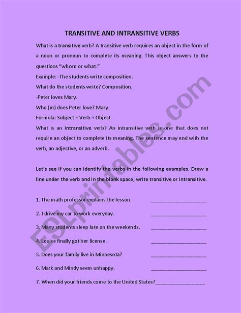 English Worksheets Transitive Intransitive Verbs