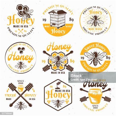 밝은 배경에서 격리된 패키지 설계를 위한 컬러 벡터 엠블럼 라벨 배지 및 표지판의 꿀 및 양봉 세트 꿀에 대한 스톡 벡터 아트