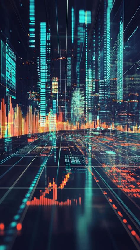 Digital Cityscape With Abstract Data Visualization In Blue And Orange Stock Illustration