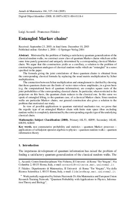 Pdf Quantum Markov Chains For Entangled Walks