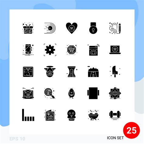 Set Of 25 Vector Solid Glyphs On Grid For Security Lock Pad Space Key