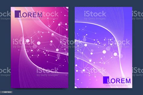 브로셔 전단지 전단지 표지 배너 카탈로그 잡지 또는 A4 크기의 연례 보고서에 대 한 최신 벡터 템플릿입니다 Dna 나선 Dna 가닥 분자 또는 원자 뉴런 웨이브 흐름 라인