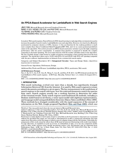 Pdf An Fpga Based Accelerator For Lambdarank In Web Search Engines