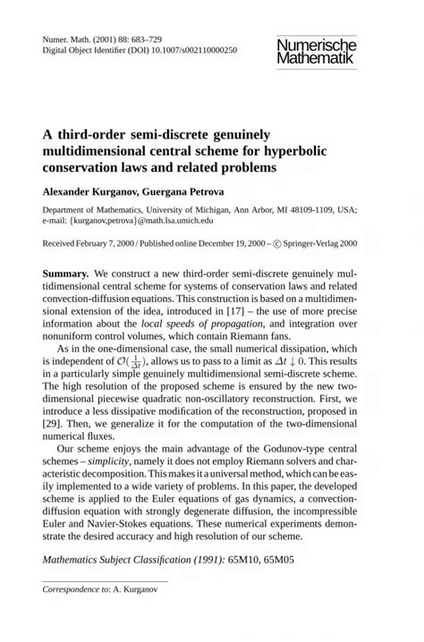 PDF A Third Order Semi Discrete Genuinely Multidimensional Central Scheme For Hyperbolic