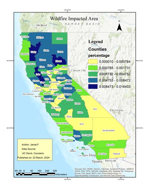 A Basic Map Of Wildfire Impacted Area Near California Which I Had To Create As An Assignment