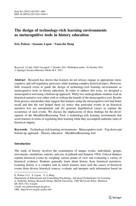 Pdf The Design Of Technology Rich Learning Environments As Metacognitive Tools In History