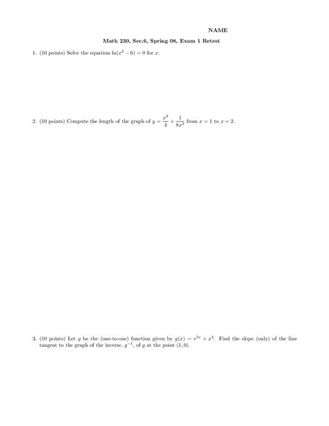 6 Problems On Calculus Ii Examination 1 Math 230 Docsity