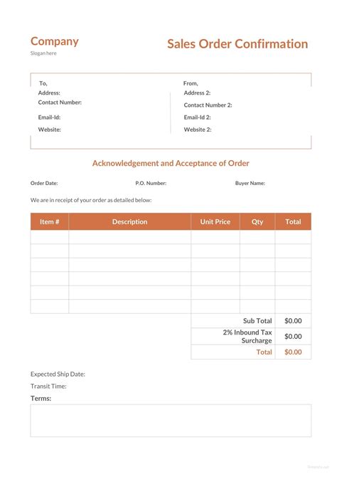 Sales Order Confirmation Template In Microsoft Word Excel