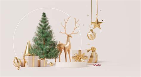 3d 렌더링 메리 크리스마스와 연단이 있는 새해 복 많이 받으세요 배경 고급 요소 황금 순록 선물 상자 및 크리스마스 트리로 장식 크리스마스에 대한 스톡 사진 및 기타