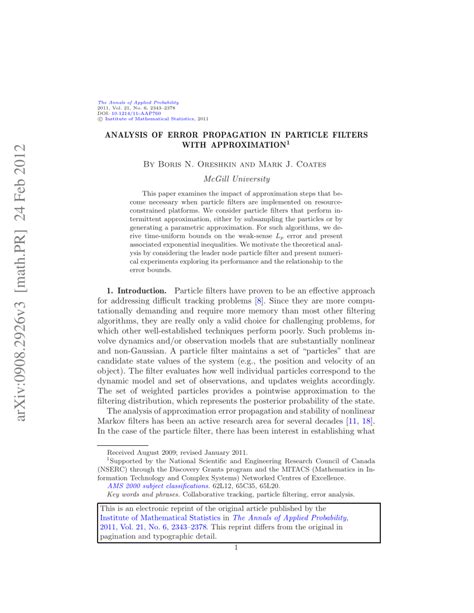 pdf analysis of error propagation in particle filters with approximation
