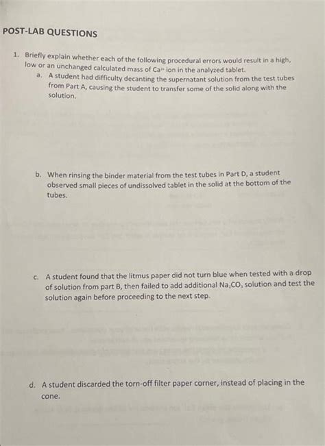 solved post lab questions 1 briefly explain whether each of