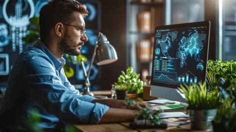 A Man Works At A Computer With The World On The Screen Premium Ai