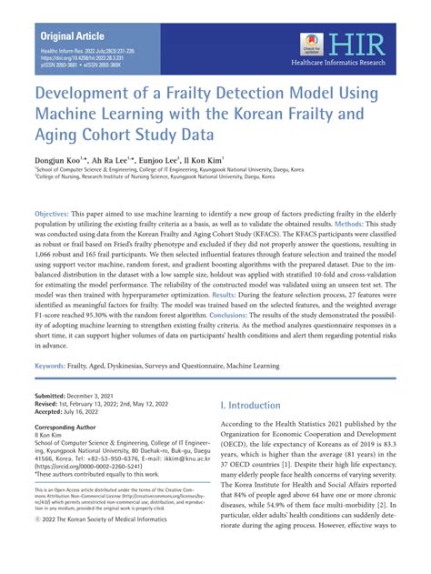 Pdf Development Of A Frailty Detection Model Using Machine Learning