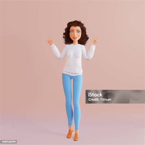 웃는 소녀는 분홍색 배경에 평화 사인을 하는 손가락을 보여준다 3d 렌더링 감정에 대한 스톡 사진 및 기타 이미지 감정 공휴일 긍정적인 감정 표현 Istock