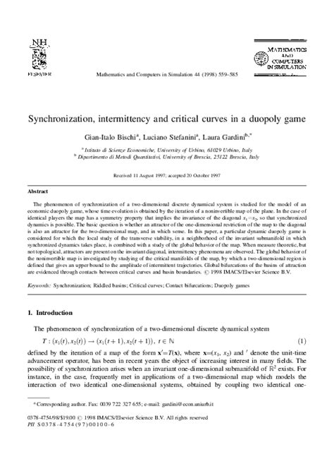 Pdf Synchronization Intermittency And Critical Curves In A Duopoly Game