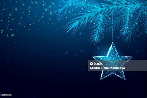 와이어프레임 크리스마스 스타와 크리스마스 트리 가지 로우 폴리 스타일 새해 배너입니다 파란색 배경에 추상적인 현대 3d 벡터 그림 3차원 형태에 대한 스톡 벡터 아트 및