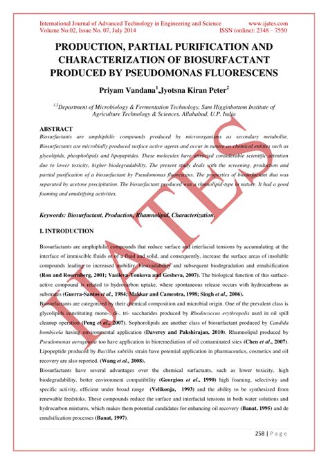 Pdf Production Partial Purification And Characterization Of Biosurfactant Produced By