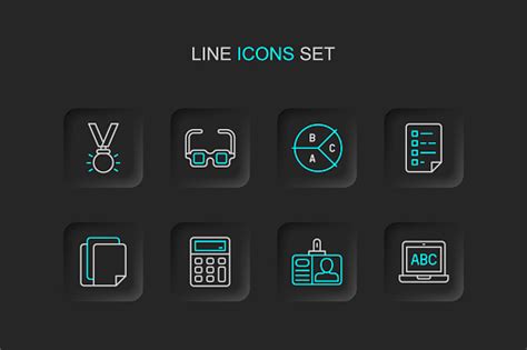 라인 노트북 식별 배지 계산기 파일 문서 체크리스트가 있는 클립보드 파이 차트 인포그래픽 안경 및 메달 아이콘을 설정합니다 벡터 교육에 대한 스톡 벡터 아트 및 기타 이미지