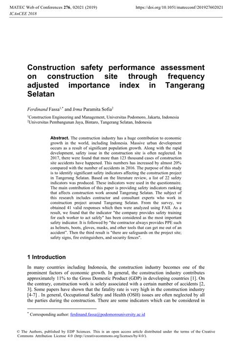 Pdf Construction Safety Performance Assessment On Construction Site Through Frequency Adjusted