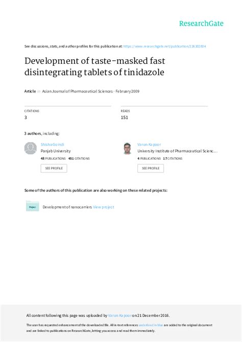 Pdf Development Of Taste Masked Fast Disintegrating Tablets Of Tinidazole