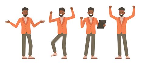 사무실 남자의 집합은 주황색 정장 캐릭터 벡터 디자인을 착용합니다 다양한 행동으로 프리젠 테이션 사무실 계획 사고 및 경제