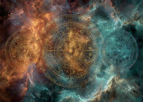 Golden And Teal Celestial Wheels With Cosmic Nebula For Astrology Horoscope Background