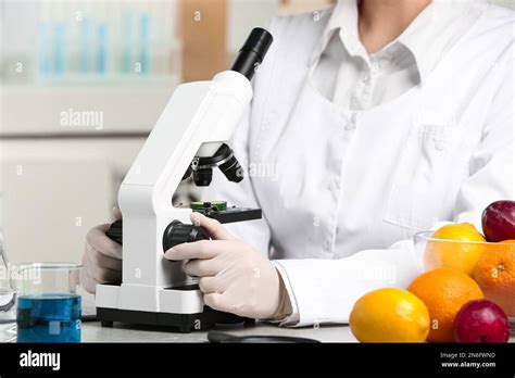 Scientist Inspecting Slice Of Cucumber With Microscope In Laboratory Closeup Poison Detection