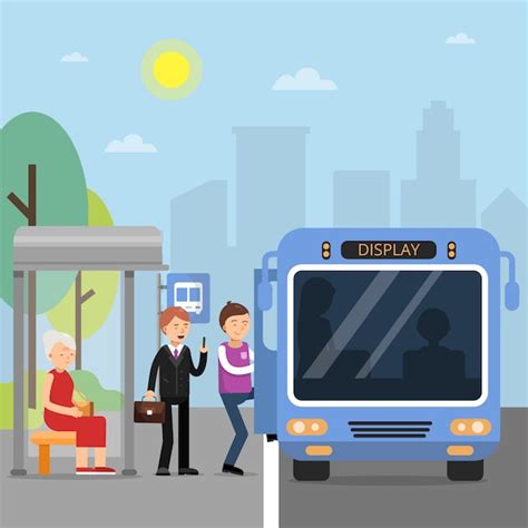 Public Autobus Station With Passengers Wich Sit In The Bus Vector Premium Download